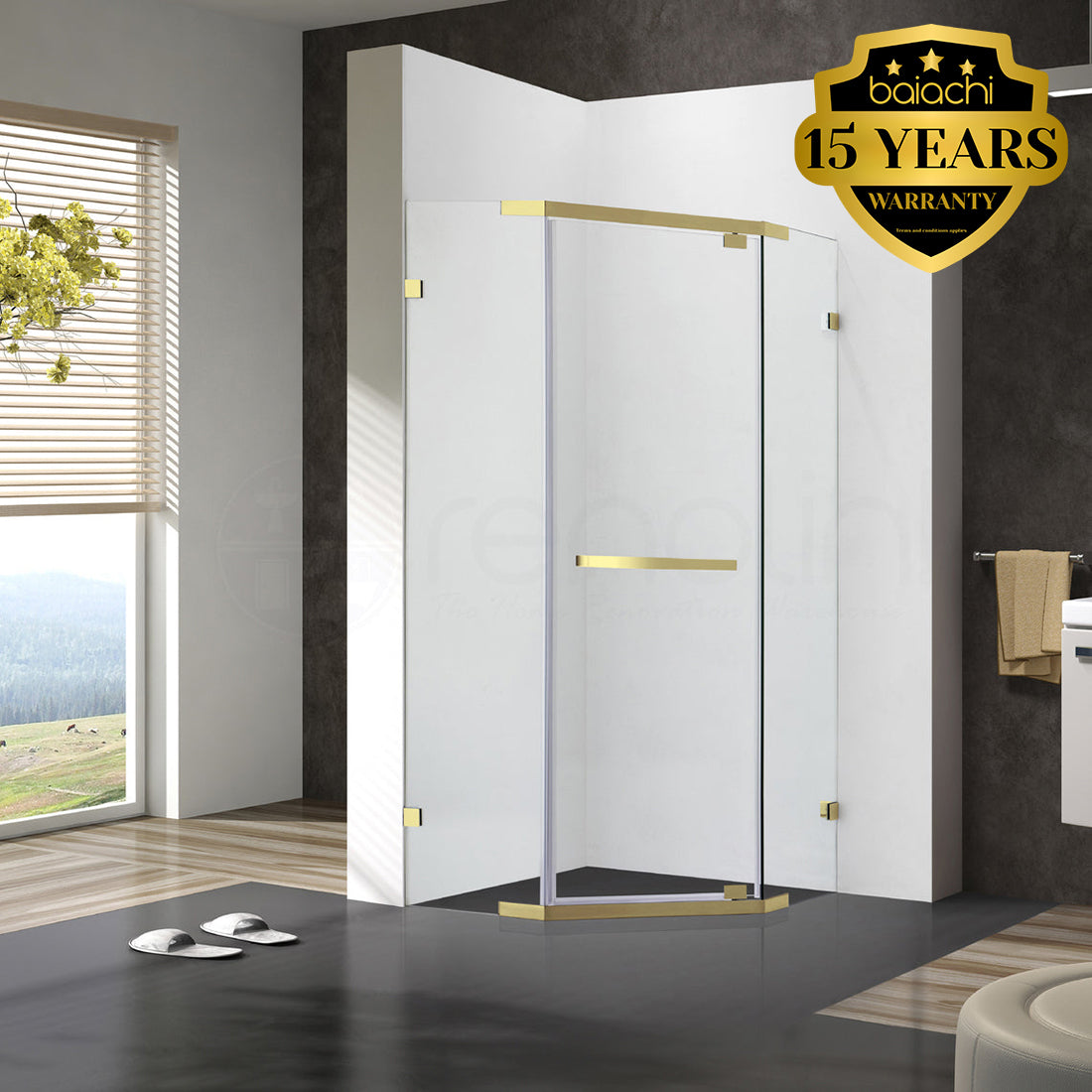 Frameless shower screen 1000x1000mm Diamond Brushed Gold