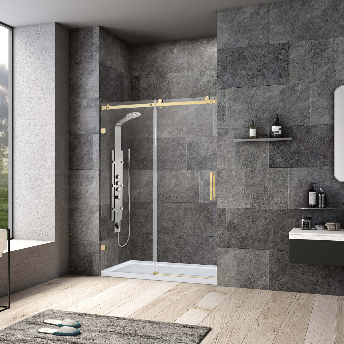 Frameless Wall to Wall Adjustable Sliding Shower Screen 1700x2000mm PVD ...